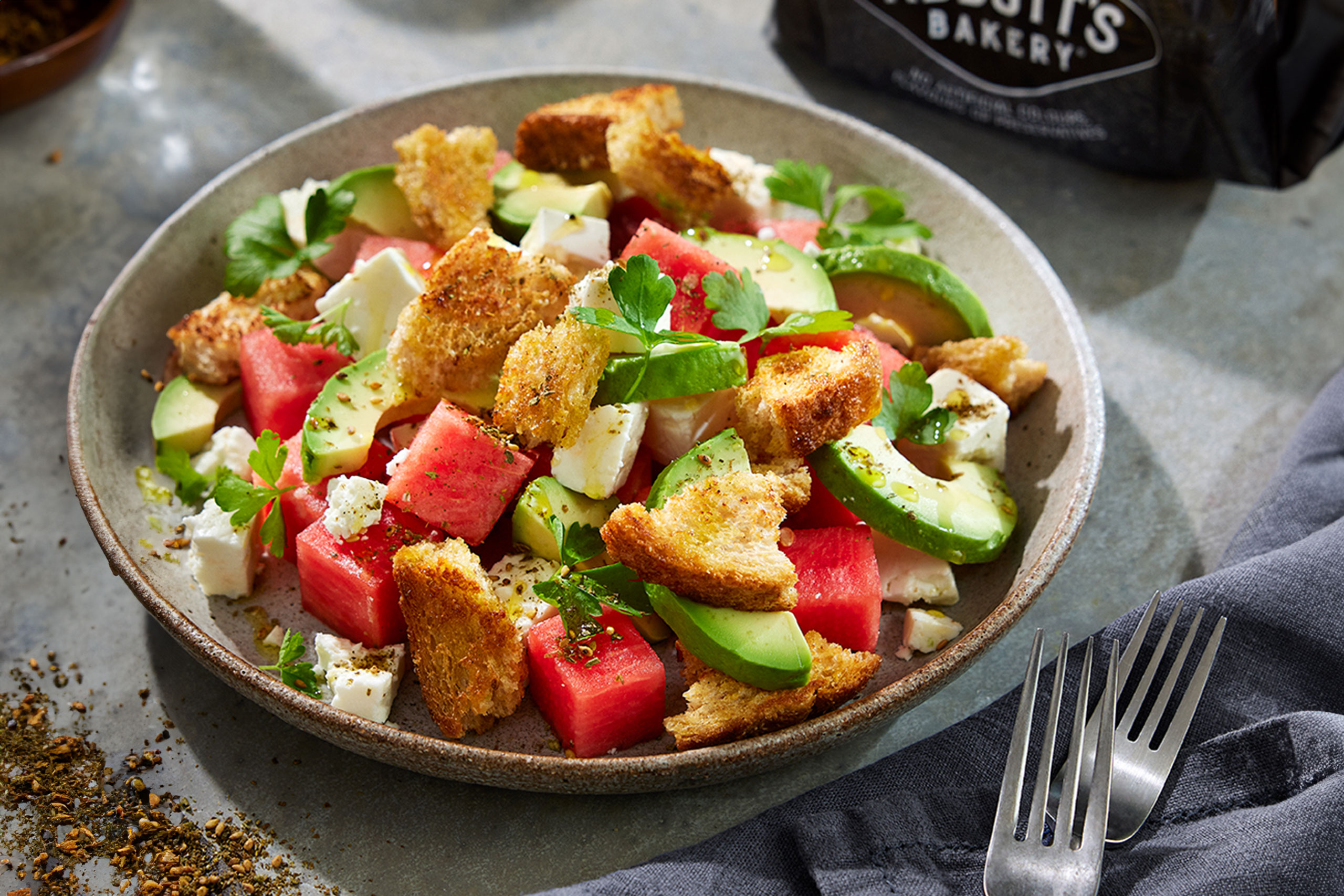 Creamy Avocado and Watermelon Toast Salad - Abbott's Bakery
